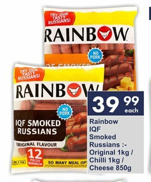 Rainbow IQF Smoked Russians Original 1kg / Chilli 1kg / Cheese 850g ...