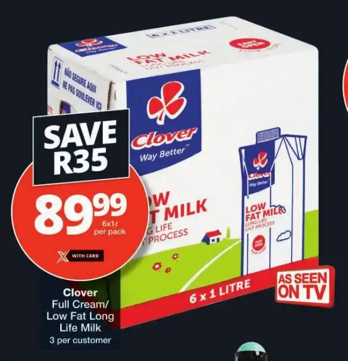 Clover Full Cream/ Low Fat Long Life Milk offer at Checkers