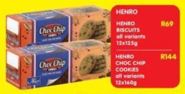 HENRO CHOC CHIP COOKIES all variants 12x160g offer at Shoprite