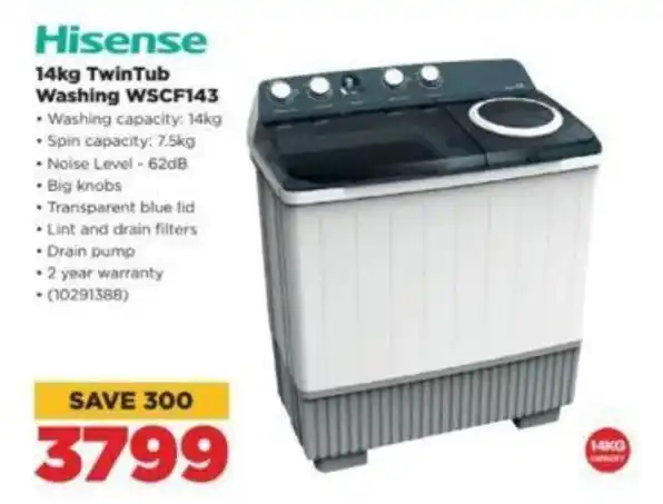 Hisense 14kg TwinTub Washing WSCF143 offer at HiFi Corp