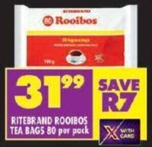 RITEBRAND ROOIBOS TEA BAGS 80 per pack offer at Shoprite