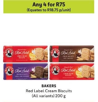 BAKERS Red Label Cream Biscuits (All variants) 200g offer at Makro