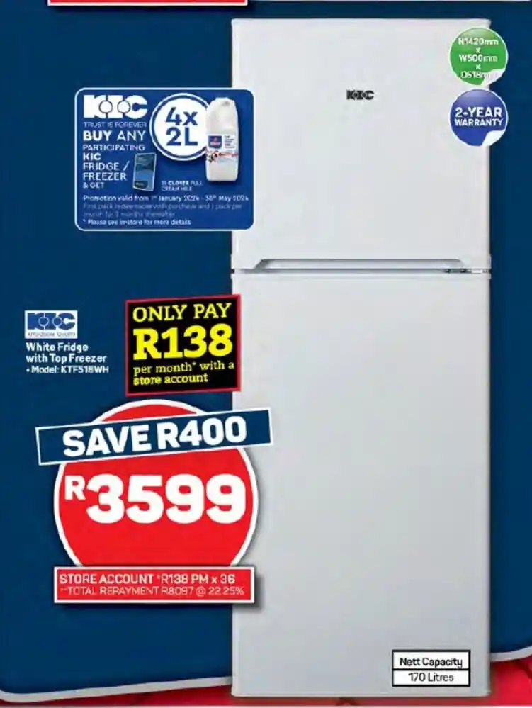 KIC White Fridge with Top Freezer offer at Pick n Pay Hypermarket