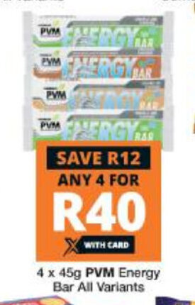 PVM Energy Bar All Variants 4 x 45g offer at Checkers