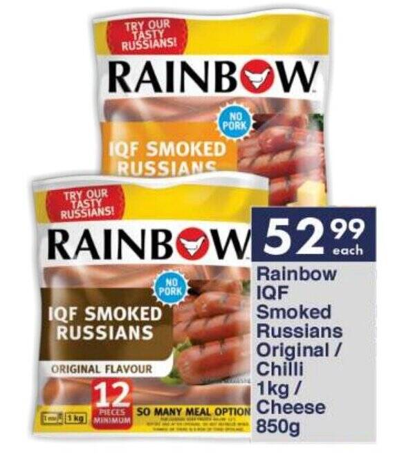 Rainbow IQF Smoked Russians Original/Chilli 1kg/Cheese 850g offer at ...