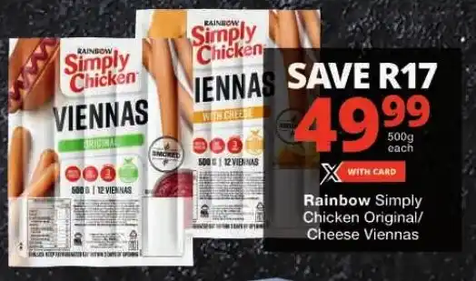 Rainbow Simply Chicken Original/ Cheese Viennas offer at Checkers