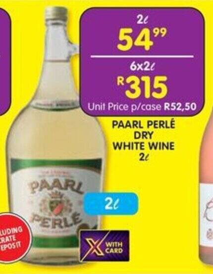 PAARL PERLÉ DRY WHITE WINE 2L offer at Shoprite Liquor
