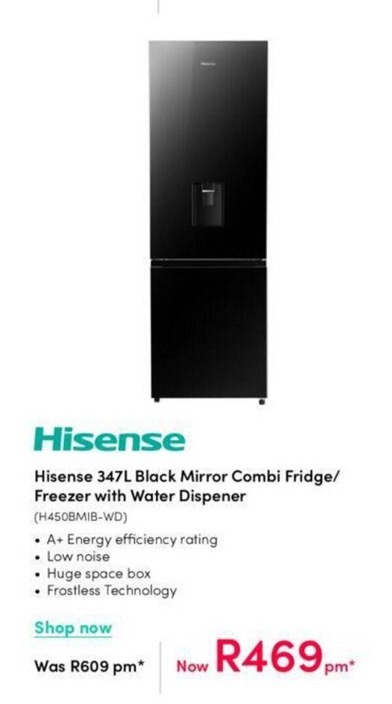 Hisense 347L Black Mirror Combi Fridge/ Freezer with Water Dispener ...