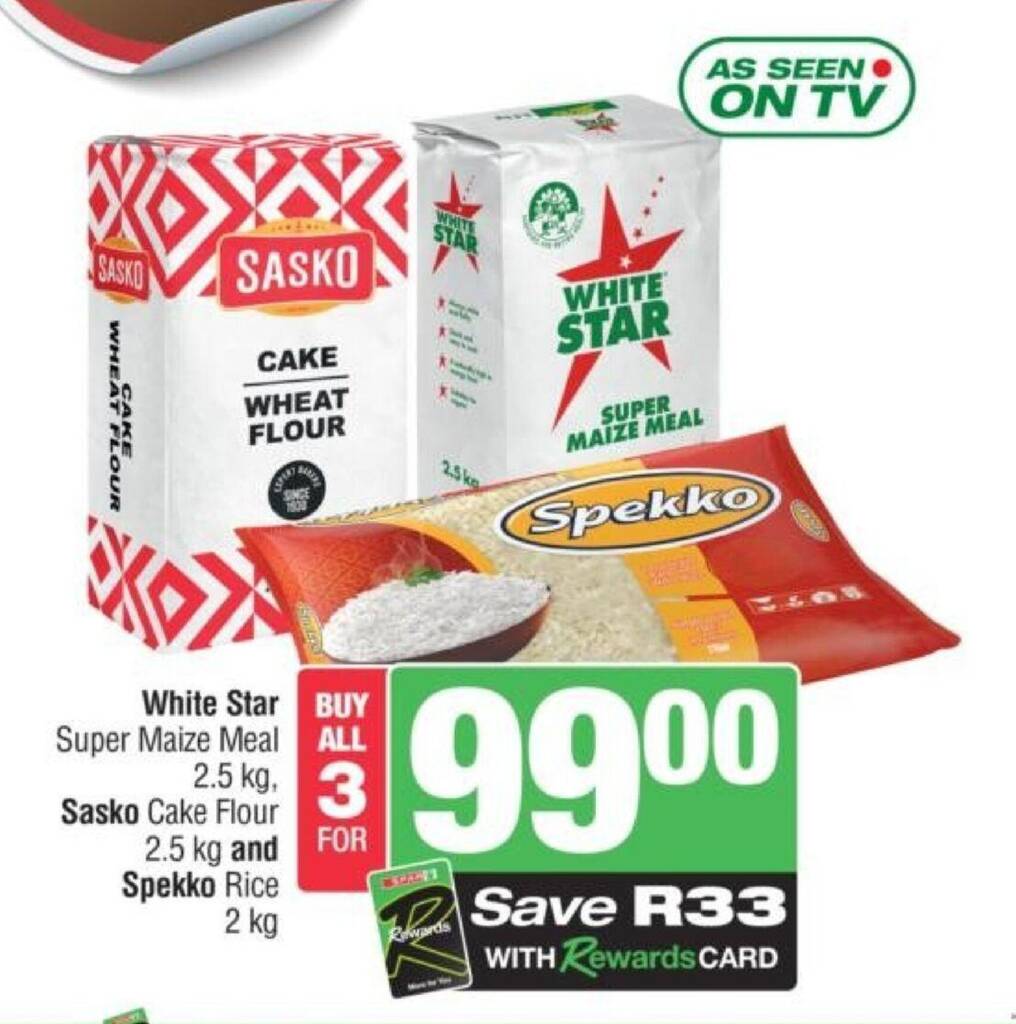 White Star Super Maize Meal 2.5kg, Sasko Cake Flour 2.5kg and Spekko ...
