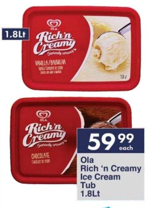 Ola Rich 'n Creamy Ice Cream Tub 1.8Lt offer at President Hyper