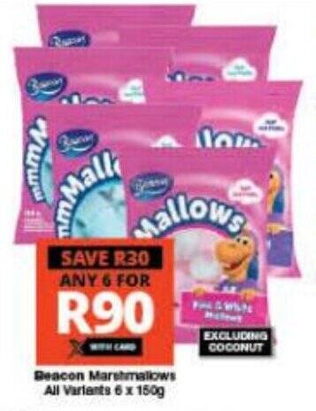 Beacon Marshmallows All Varlants 6 x 150g offer at Checkers