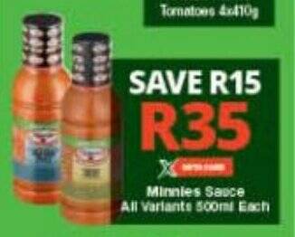 Minnies Sauce All Variants 500ml Each offer at Checkers