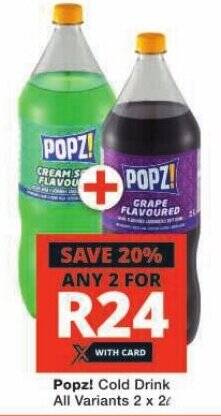 Popz! Cold Drink All Variants 2 x 2L offer at Checkers