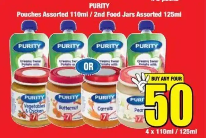 PURITY Pouches Assorted 110ml/ 2nd Food Jars Assorted 125ml offer at Boxer