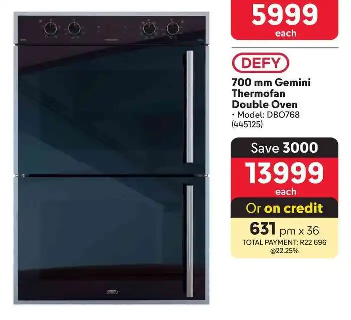 DEFY 700 mm Gemini Thermofan Double Oven offer at Makro