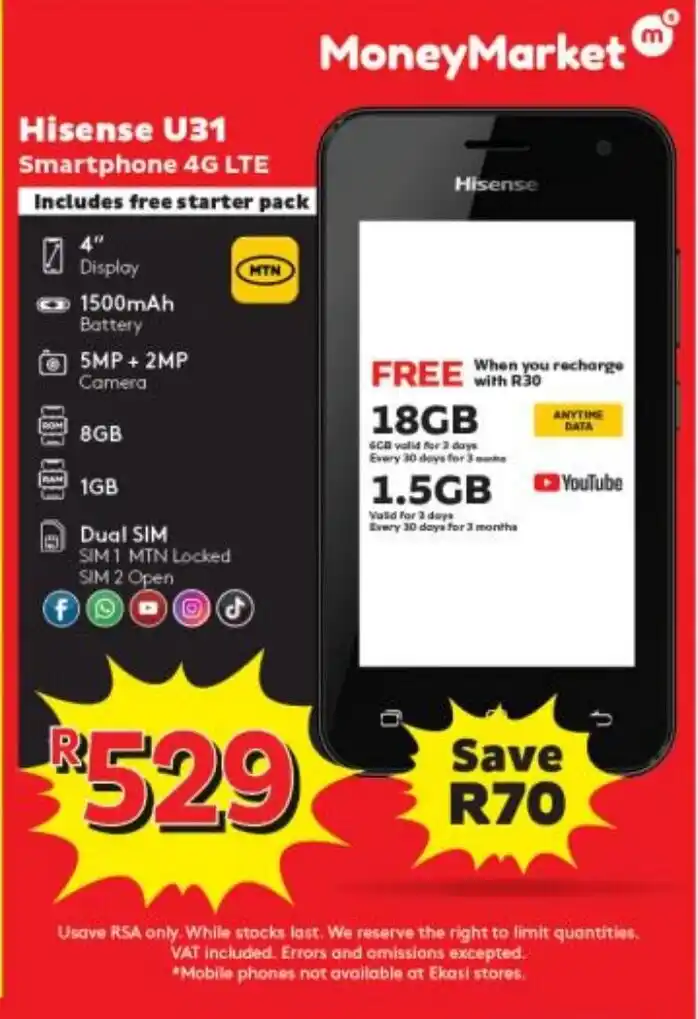 Hisense U31 Smartphone 4G LTE offer at Usave