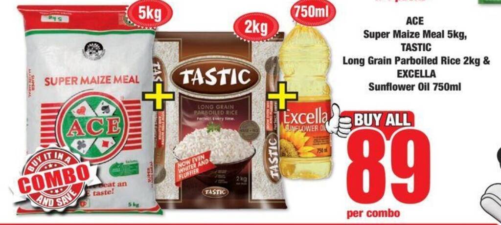 ACE Super Maize Meal 5kg, TASTIC Long Grain Parboiled Rice 2kg & EXCELLA Sunflower Oil 750ml ...