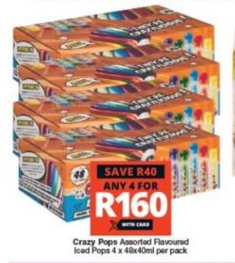 Crazy Pops Assorted Flavoured Iced Pops 4 x 48x40ml per pack offer at ...