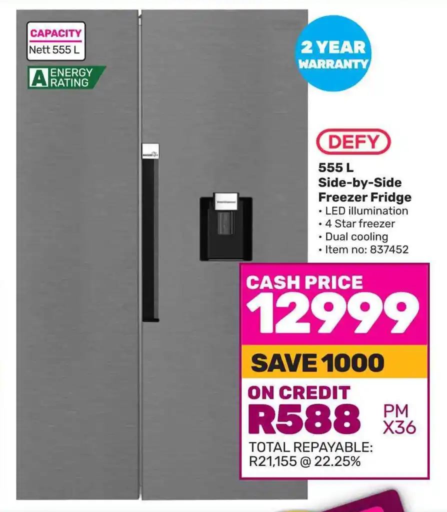 DEFY 555 L Side-by-Side Freezer Fridge offer at Game