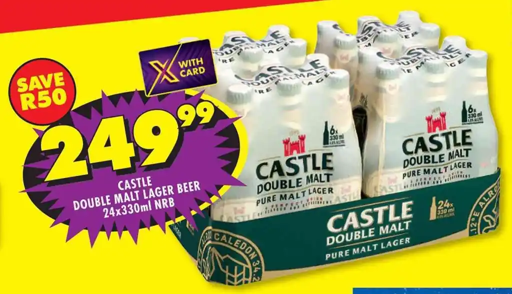 CASTLE DOUBLE MALT LAGER BEER 24x330ml NRB offer at Shoprite