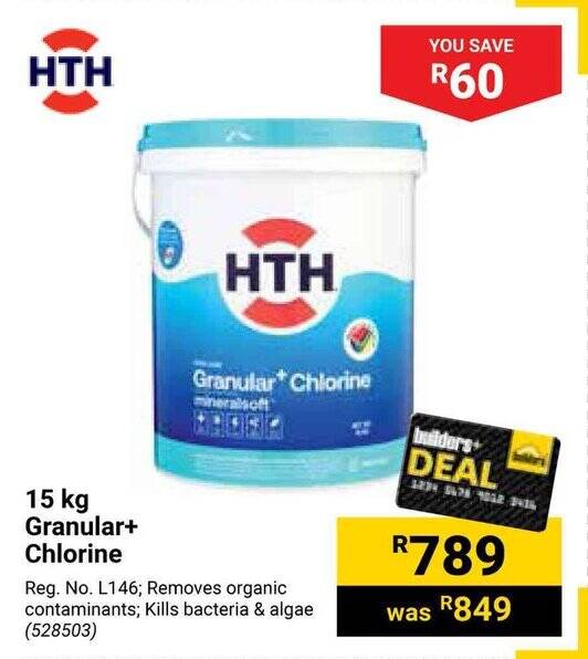 HTH 15kg Granular+ Chlorine offer at Builders Warehouse