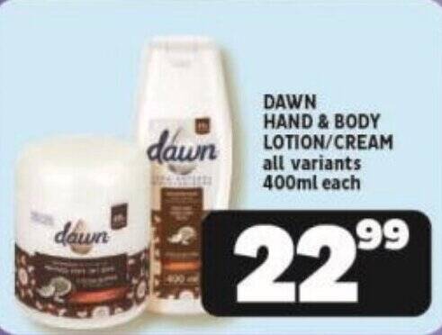 DAWN HAND & BODY LOTION/CREAM all variants 400ml each offer at Usave