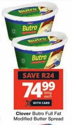 Clover Butro Full Fat Modified Butter Spread offer at Checkers