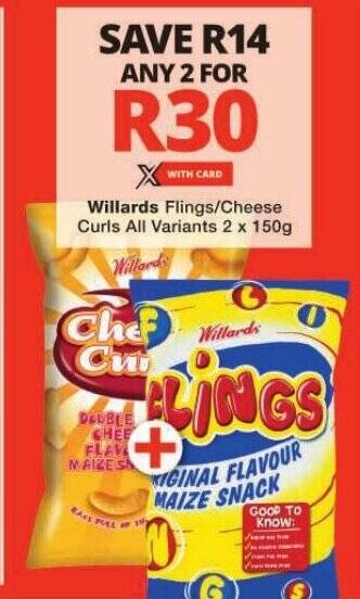 Willards Flings/Cheese Curls All Variants 2 x 150g offer at Checkers
