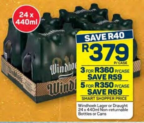Windhoek Lager or Draught 24 x 440ml Non-returnable Bottles or Cans ...