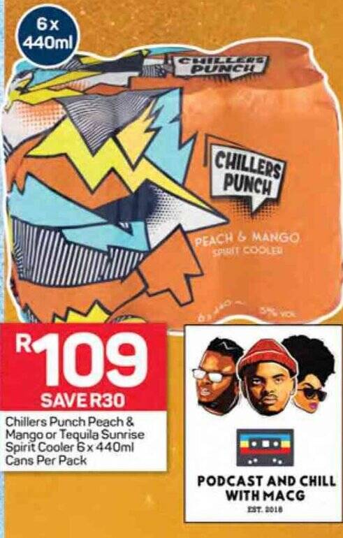 Chillers Punch Peach & Mango or Tequila Sunrise Spirit Cooler 6x440ml ...