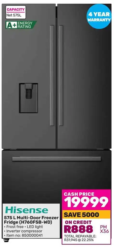 Hisense 575 L Multi-Door Freezer Fridge (H760FSB-WD) offer at Game