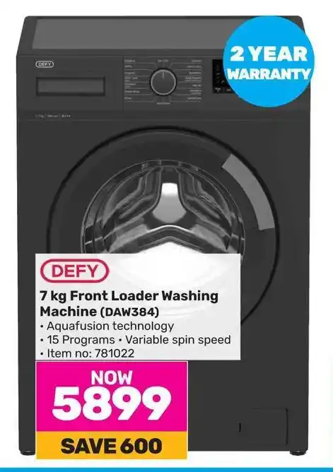 DEFY 7 kg Front Loader Washing Machine (DAW384) offer at Game