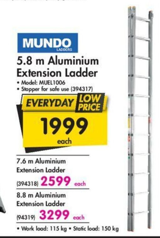Mundo 5.8m Aluminum Extension Ladder offer at Makro
