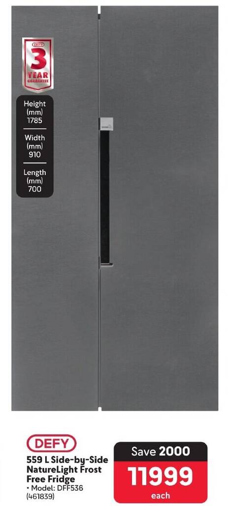 DEFY 559 L Side-by-Side NatureLight Frost Free Fridge offer at Makro