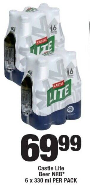 Castle Lite Beer NRB 6 x 330 ml PER PACK offer at OK Liquor