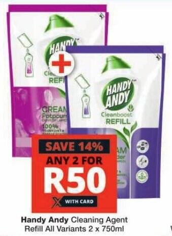 Handy Andy Cleaning Agent Refill All Variants 2 x 750ml offer at Checkers