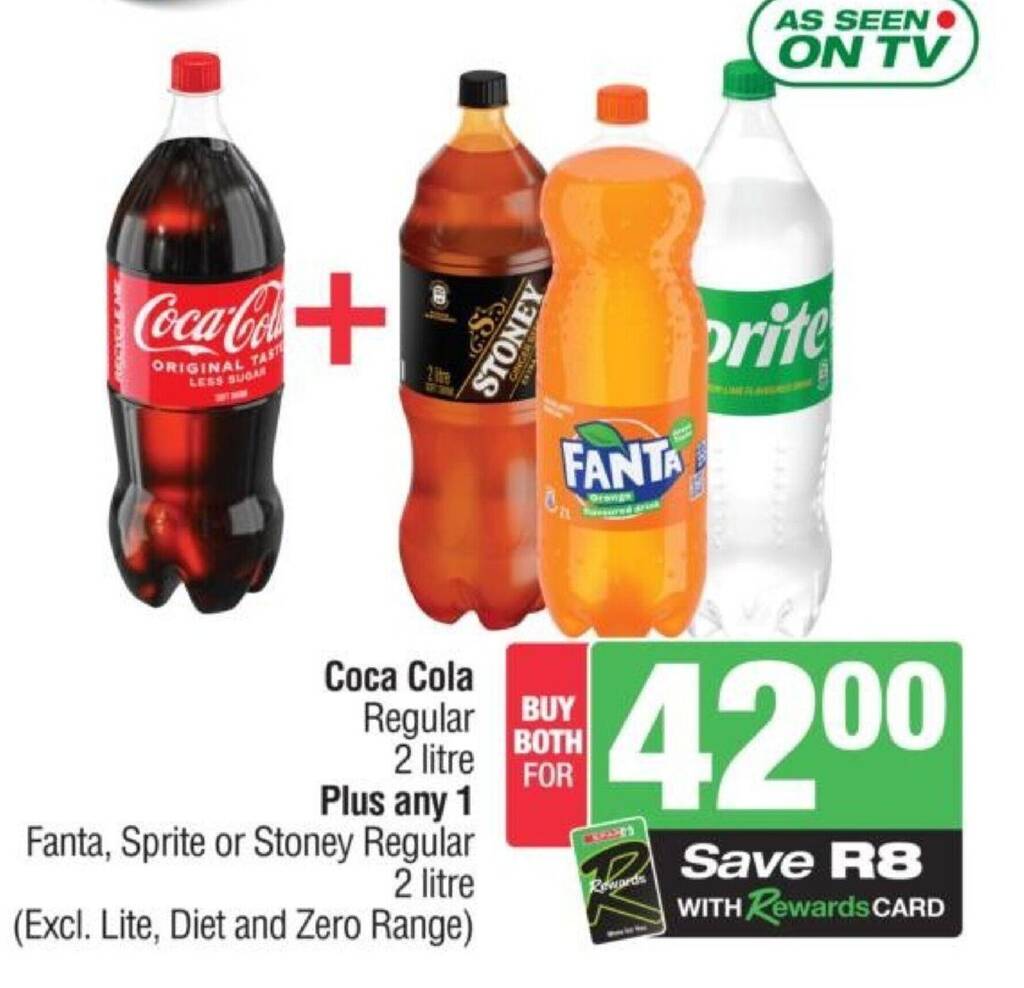 Coca Cola Regular 2 litre Plus any 1 Stoney Regular offer at Spar