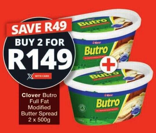 Clover Butro Full Fat Modified Butter Spread 2 x 500g offer at Checkers