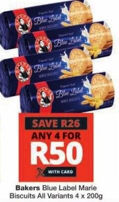 Bakers Blue Label Marie Biscuits All Variants 4 x 200g offer at Checkers