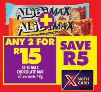 ALIBI MAX CHOCOLATE BAR all variants 49g offer at Shoprite