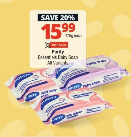 Purity Essentials Baby Soap All Variants offer at Checkers