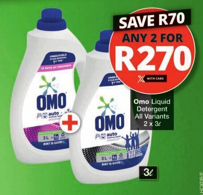 Omo Liquid Detergent All Variants 2 x 3L offer at Checkers
