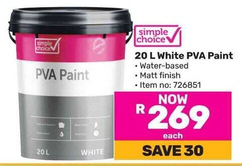 simple choice 20 L White PVA Paint offer at Game