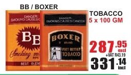 BB/Boxer Tobacco 5x100gm offer at Arrow Cash And Carry