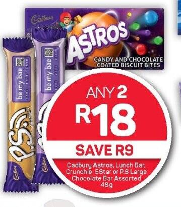 Cadbury Astros, Lunch Bar, Crunchie, 5Star or P.S Large Chocolate Bar ...