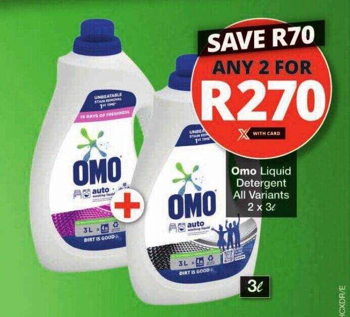 Omo Liquid Detergent All Variants 2 x 3L offer at Checkers Hyper