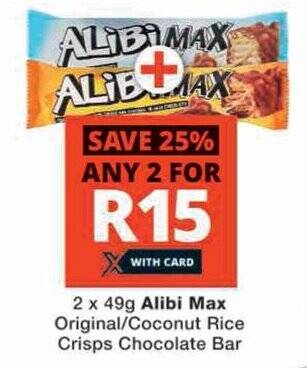 2 x 49g Alibi Max Original/Coconut Rice Crisps Chocolate Bar offer at ...