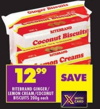 RITEBRAND GINGER/ LEMON CREAM/COCONUT BISCUITS 200g each offer at Shoprite
