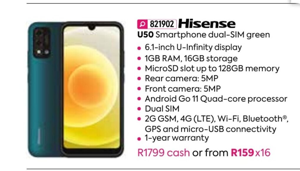 Hisense - U50 Smartphone Dual-Sim Green offer at HomeChoice