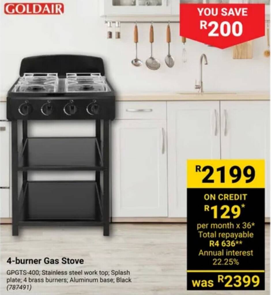 GOLDAIR 4-burner Gas Stove offer at Builders Warehouse